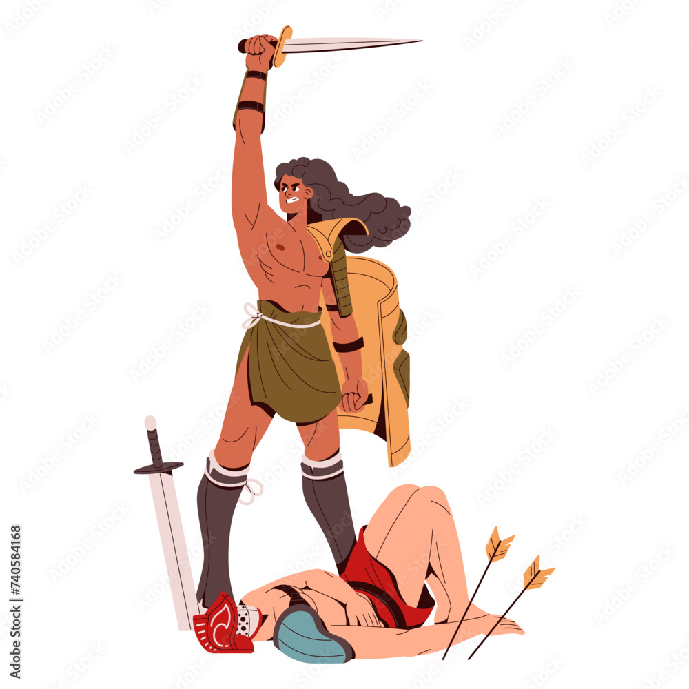 Roman gladiator wins in fight. Spartan soldier holds sword, hand up ...