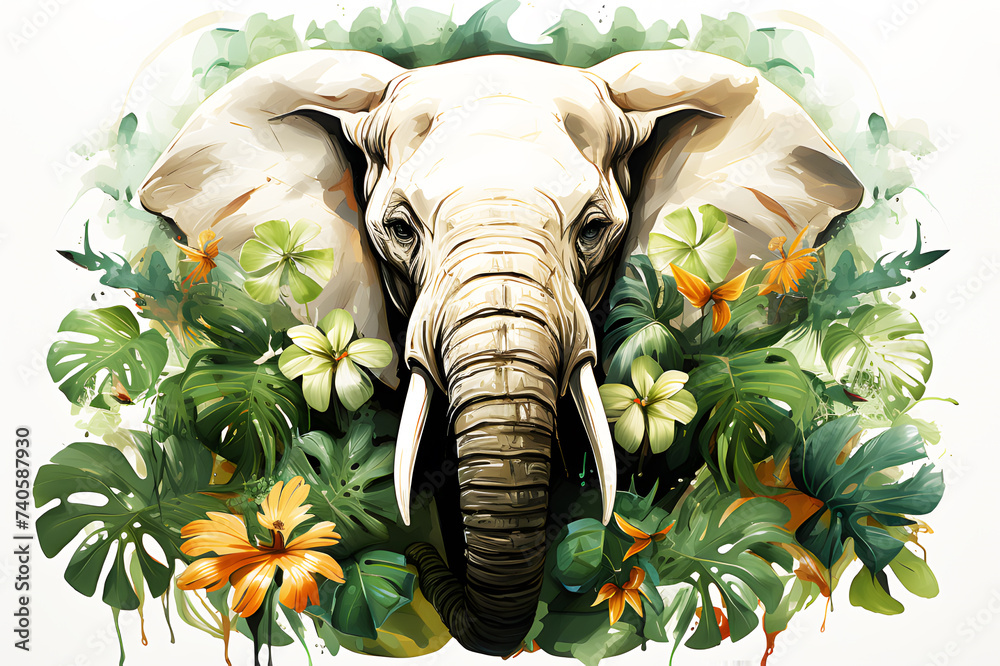 Watercolor painting of elephant head among leaves and flowers on white ...