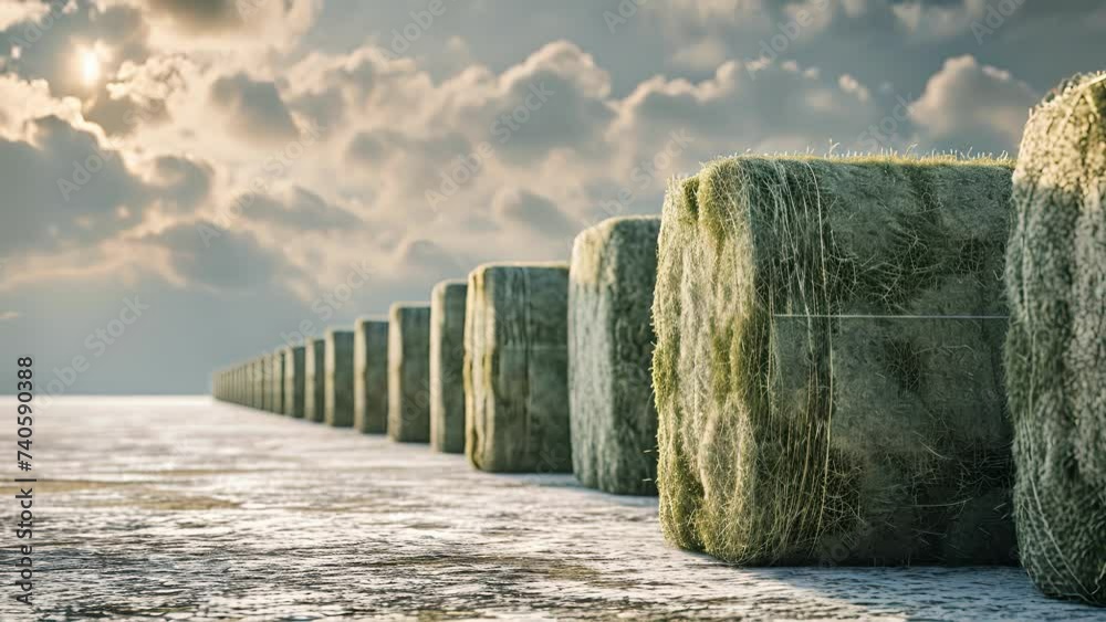 Vidéo Stock A row of neatly stacked bales of hemp a versatile and ...