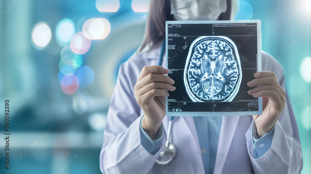 Female doctor holding multiple MRI brain scan diagram in hospital Stock ...