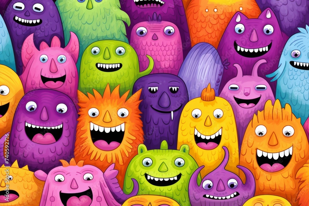 Whimsical hand drawn doodle pattern with friendly monsters for creative ...
