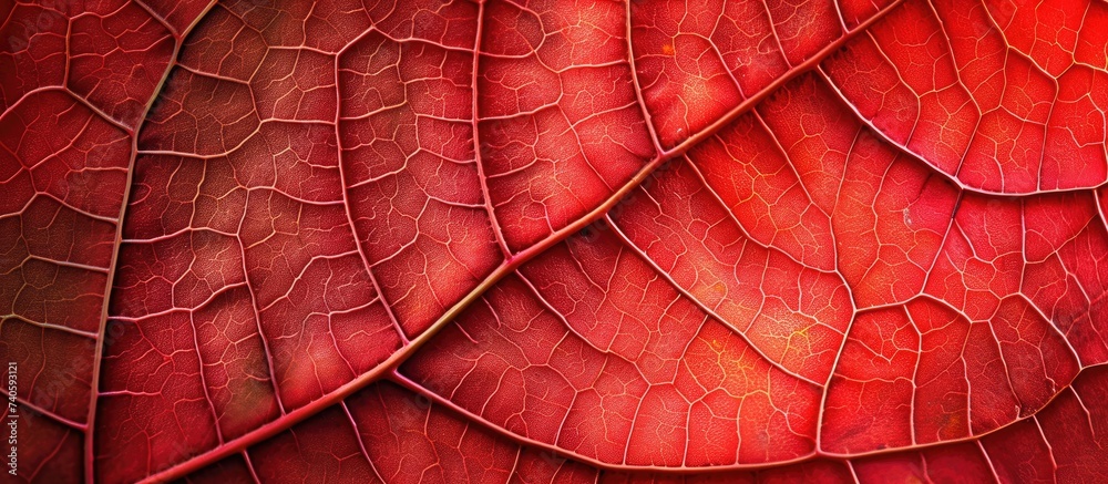 This photo captures a detailed close-up view of a vibrant red leaf ...