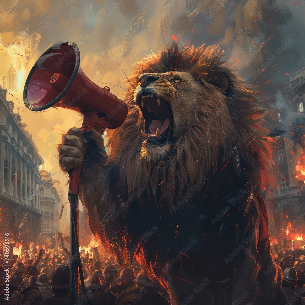 Leading revolutions rebel leader lion city square twilight megaphone ...