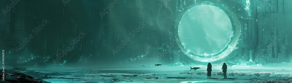 Underworld portal in a minimalist castle cyberpunk adventurers ...