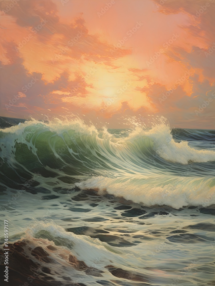 Vintage Splash: Atmospheric Ocean Wave Paintings and Retro Beach Scenes ...