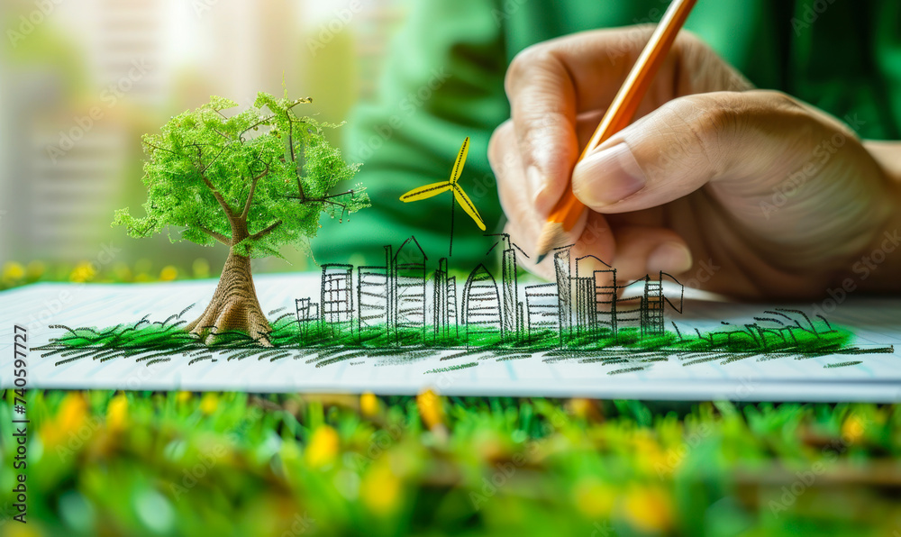 Person sketching a sustainable green city concept with eco friendly ...