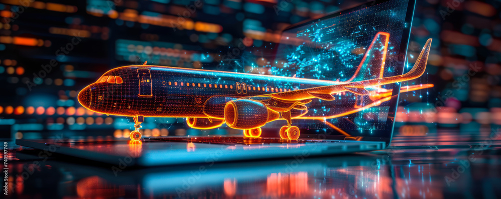 Futuristic concept of a commercial airliner jet emerging from a laptop ...