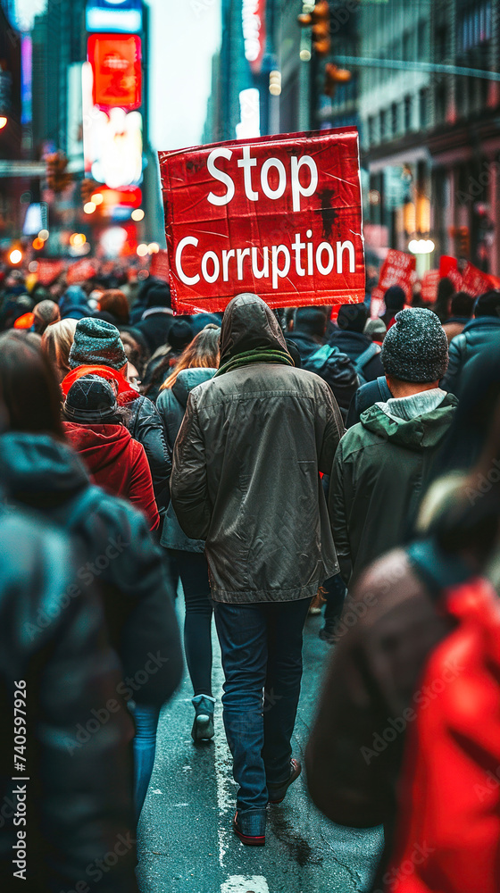 Crowd of protesters with a bold Stop Corruption sign, rallying on urban ...