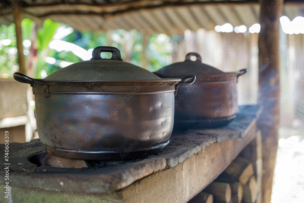 Traditional Colombian stove with two iron pots lit with wood cooking on ...