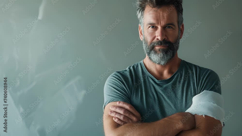 A man with a sling on his arm proudly showing his progress in physical ...