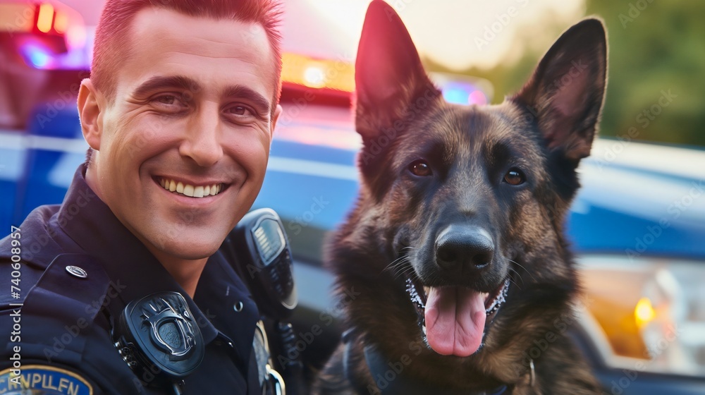 Handsome young policeman and his German shepherd police dog closeup, looking at the camera and ...