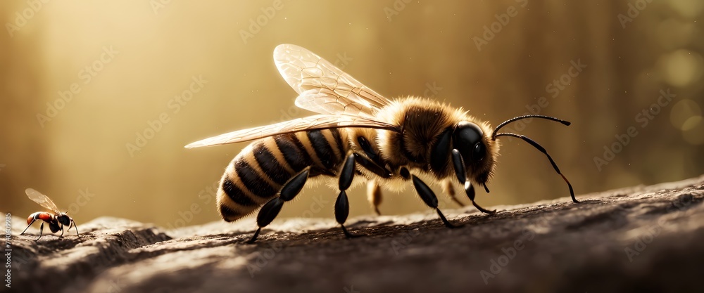 A close up of an insect, a bee, crawling on a rock. This macro ...