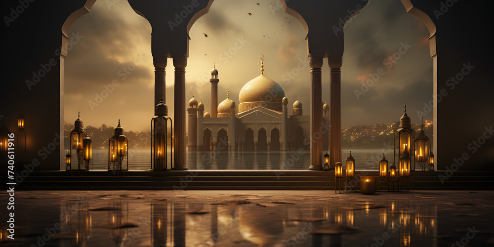 Holy mosques city gradient mailed al nabi lantern glowing light ...