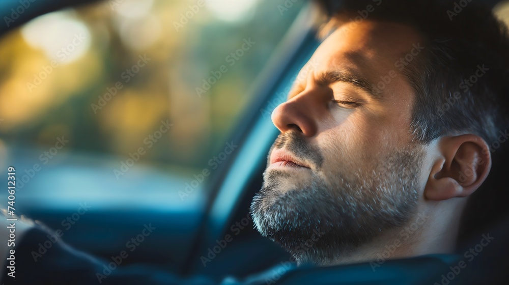 Closeup of a handsome man sleeping in his car while driving. Sleepy and ...