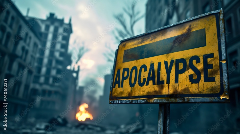 Yellow sign with text "APOCALYPSE" standing in front of the apocalyptic ...