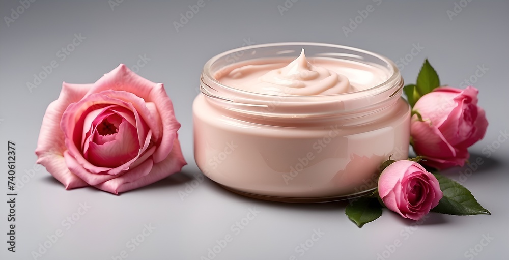 Un pot de crème de beauté pour le visage avec des roses sur un fond ...