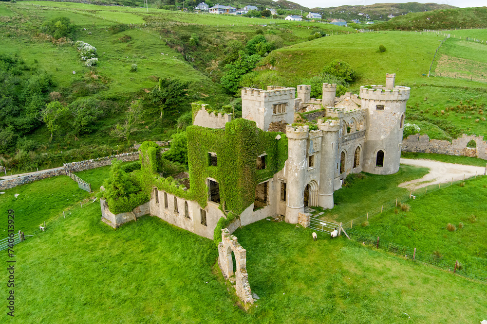 Aerial view of Clifden Castle, ruined manor house, on famous Sky Road ...