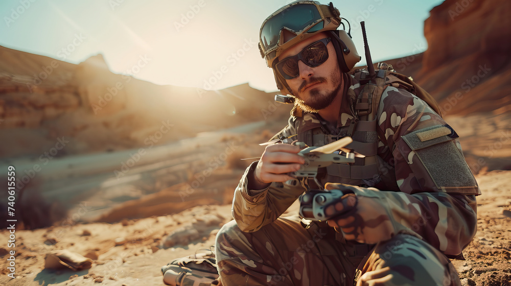 Natural candid shot of drone pilot soldier with drone wearing military ...