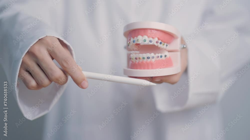 Dentist with Orthodontic tooth model and bracket or brace. Clean and ...