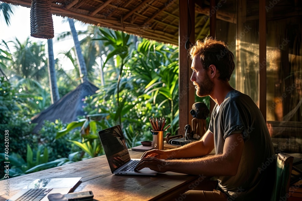 male digital nomad working in cafe in the jungle on a island resort ...