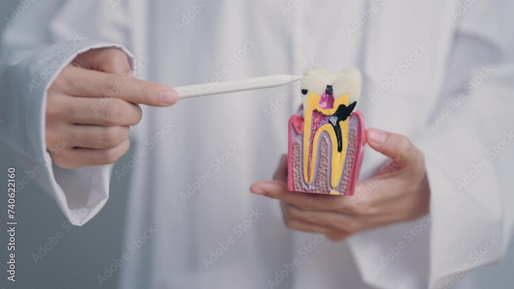 Dentist with tooth Anatomy model. Oral Teeth decay and disease, Scrape ...