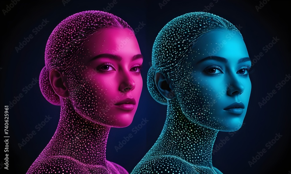 Profiles of two women with radiant pink and blue digital skin ...