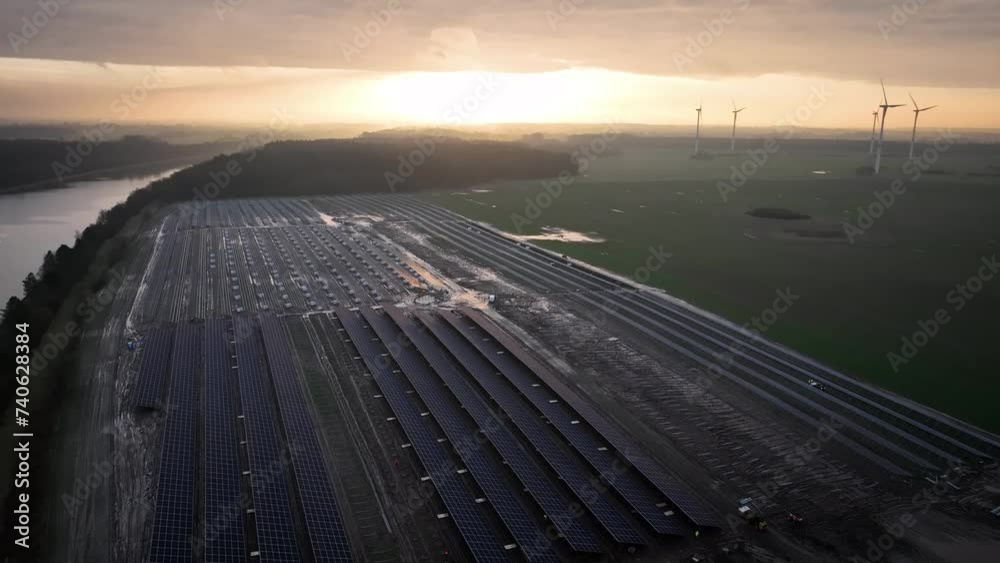 Footage of construction site for photovoltaic park with solar racks for ...