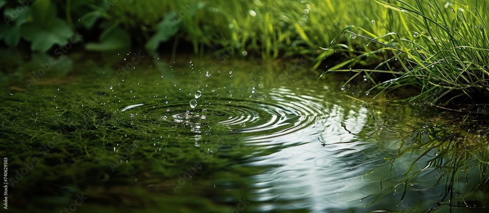 Rain drops are falling into a puddle of water amid lush grass, creating ...