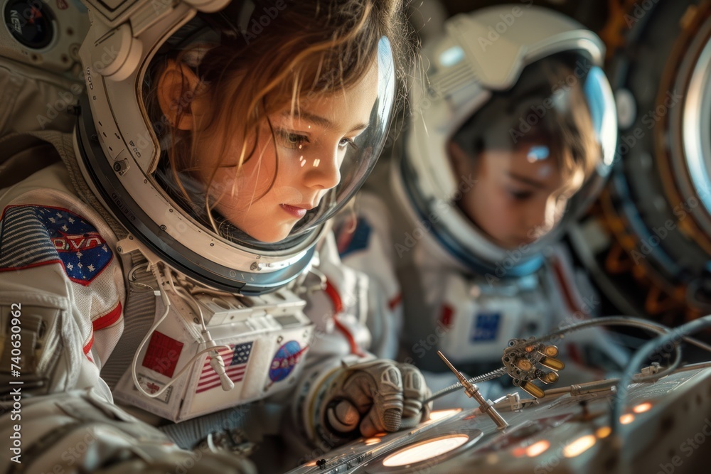Two children dressed in astronaut suits engaging with control panels ...
