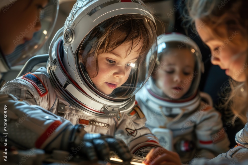 Three concentrated children dressed in astronaut suits work together on ...