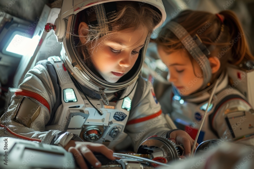 Two children dressed in astronaut suits engaging with control panels ...