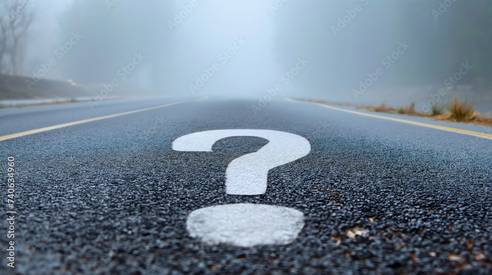 Low angle photography of a white question mark on the foggy and misty ...