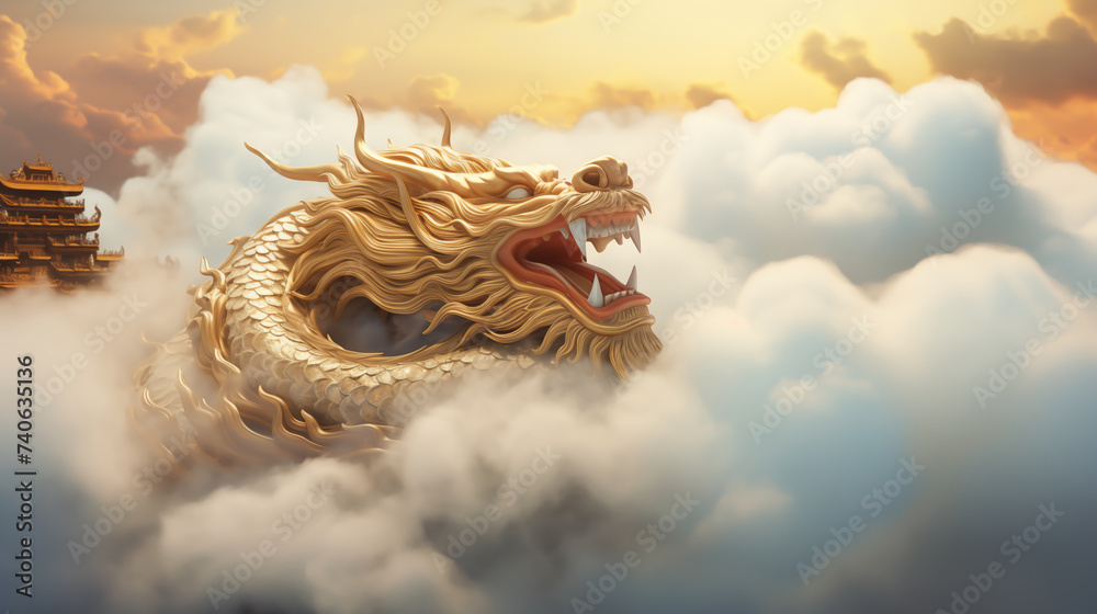 Chinese dragon dancing on the clouds, and Chinese gold dragon with ...
