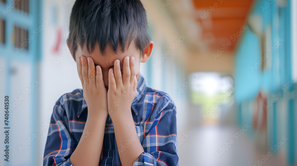 Upset asian boy crying covered his face with his hands while standing ... Upset asian boy crying covered his face with his hands while standing ...