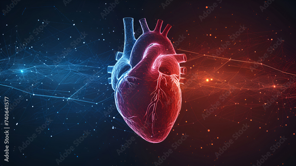 Digital 3D illustration of a human heart with blue digital red and blue ...