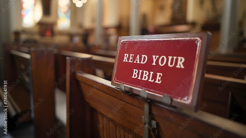 Sign with the text "Read your Bible" in the modern empty church ...