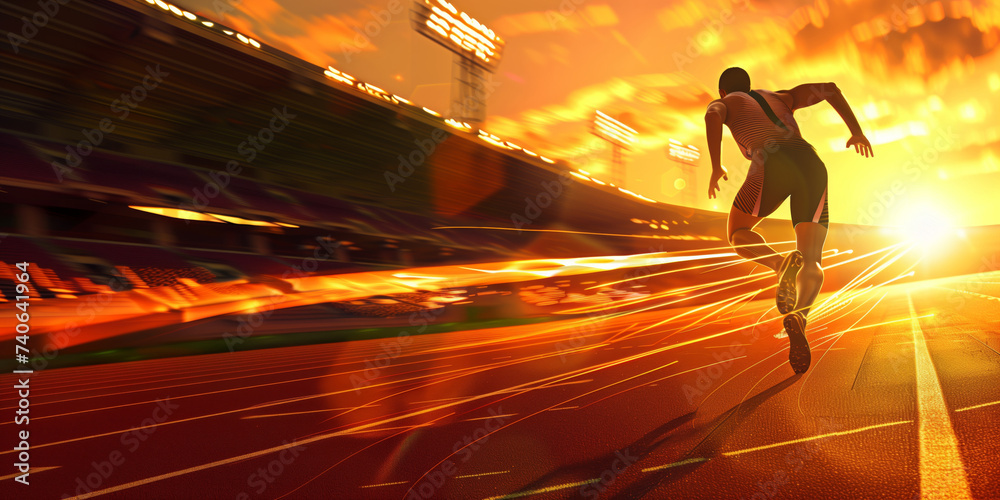 Athletic runner sprint for a sports competition in olympic stadium at ...