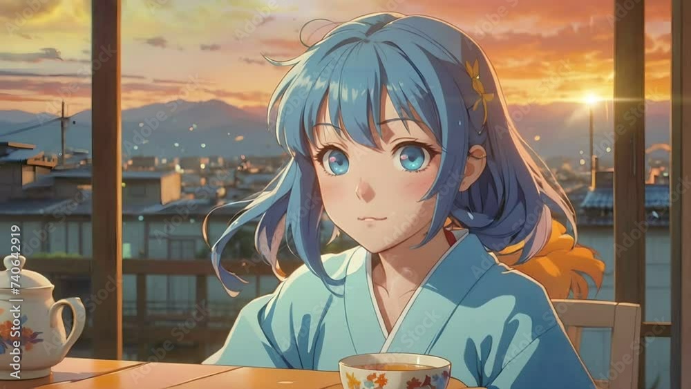 a very beautiful woman, with beautiful blue eyes, is enjoying a cup of ...