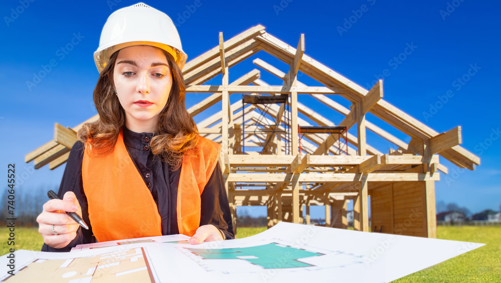 Woman builder. Girl with architectural drawings. Builder near frame of ...