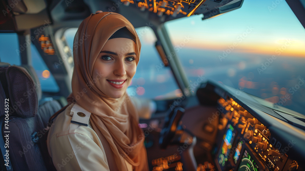 Smiling woman pilot in hijab inside aircraft cockpit Stock Illustration ...
