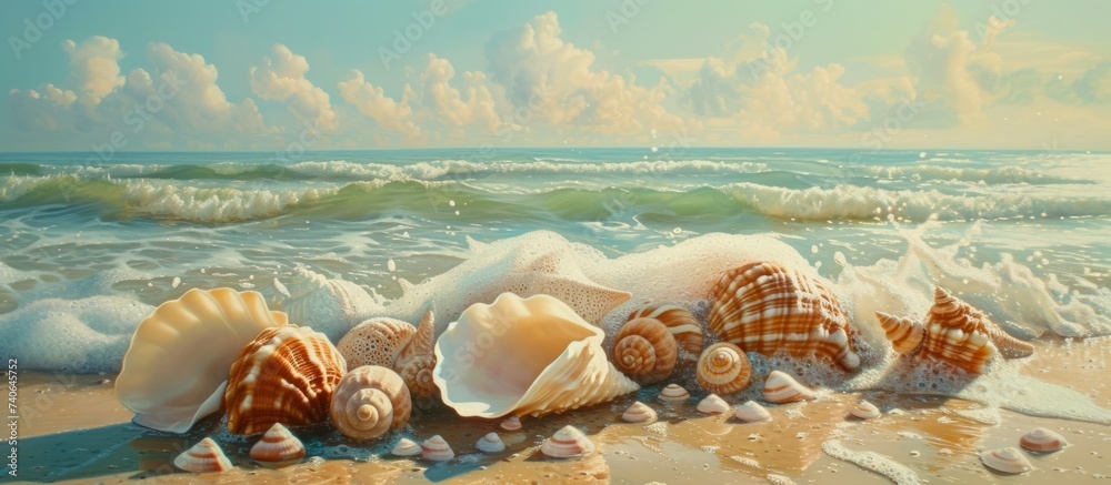 A collection of sea shells scattered along the beach, overlooking the ...