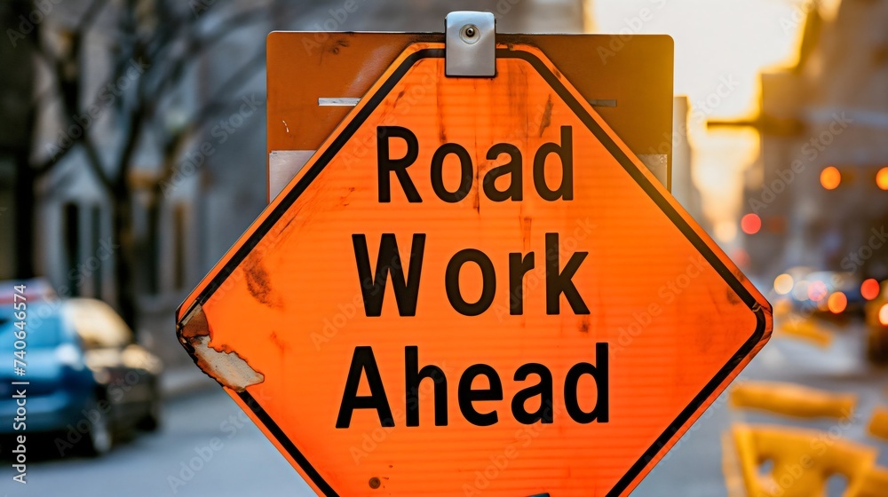 Orange warning traffic sign on the city street with text "Road work ...