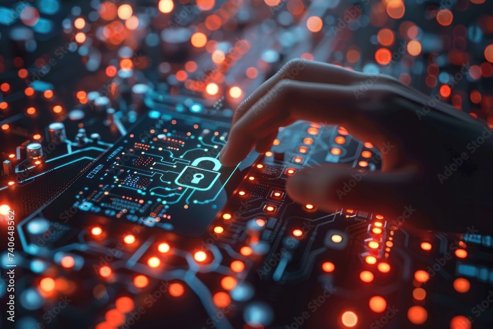 Finger touching key icon on circuit board symbolizing advanced security in digital technology ...