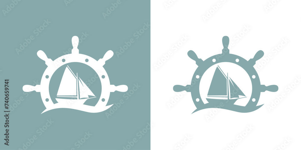 Logo Nautical. Silueta timón con barco de vela con olas de mar Stock ...