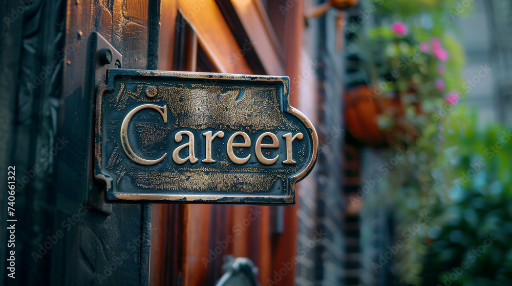 A classic "Career" sign etched in a simple metallic plate, affixed to ...