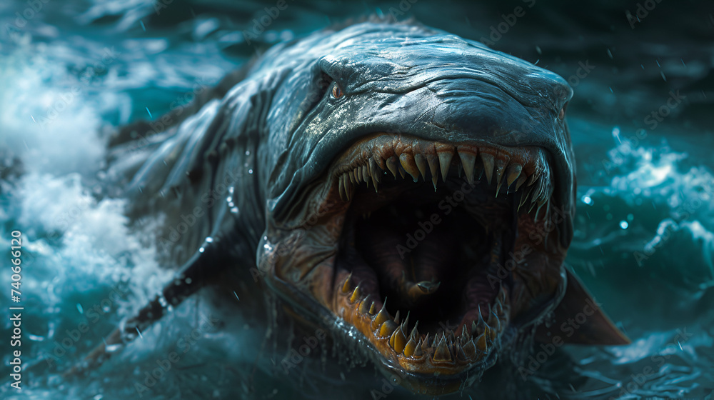 Sea monster opens its jaws, revealing menacing teeth in a fantastical ...