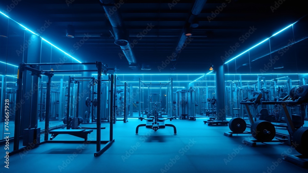 Wide angle photography of an empty modern gym room interior full of ...