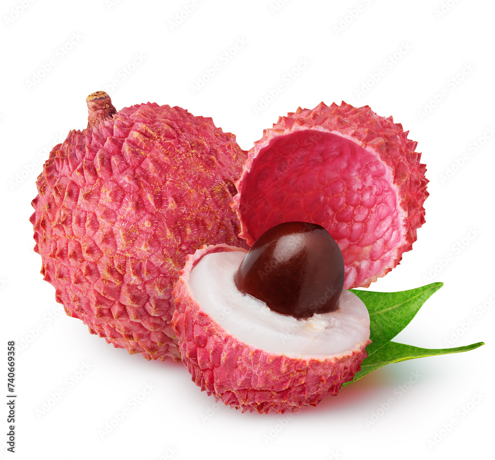 Isolated lychee. Whole and peeled lychee fruits with leaves isolated on ...