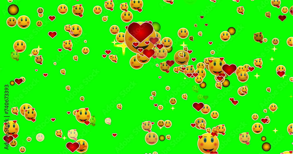 Growing falling emojis and icons background with particle animation ...