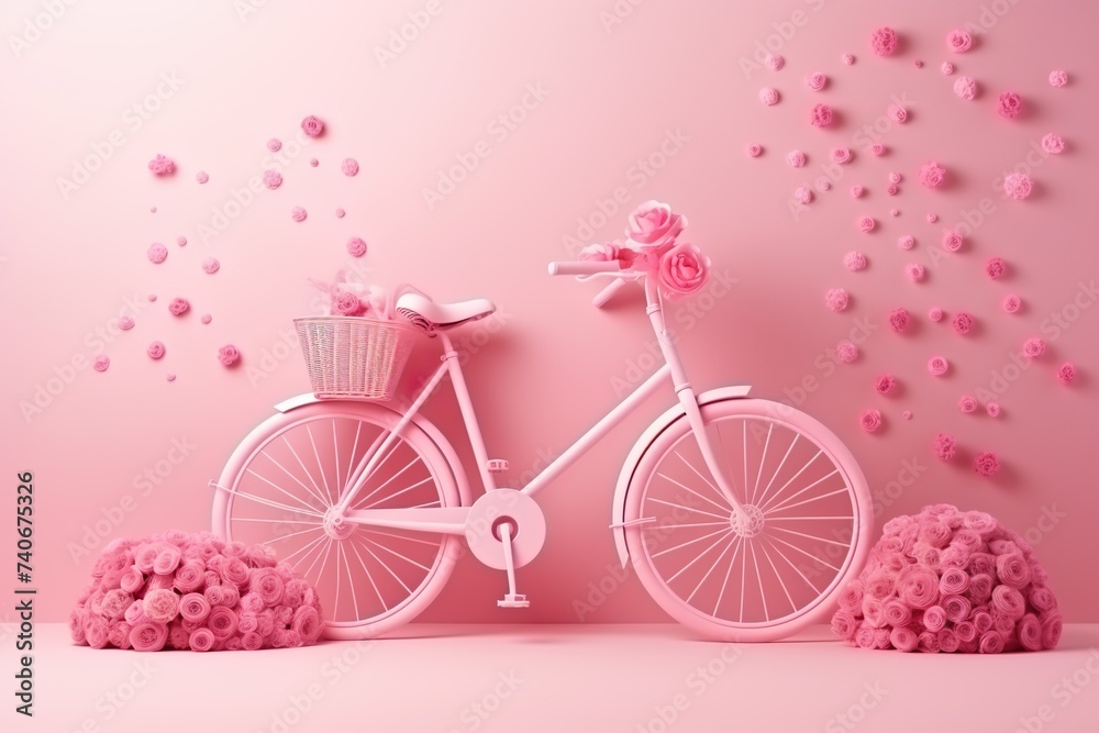 Pink cycle with pink wall and flowers pink color pink background pink ...